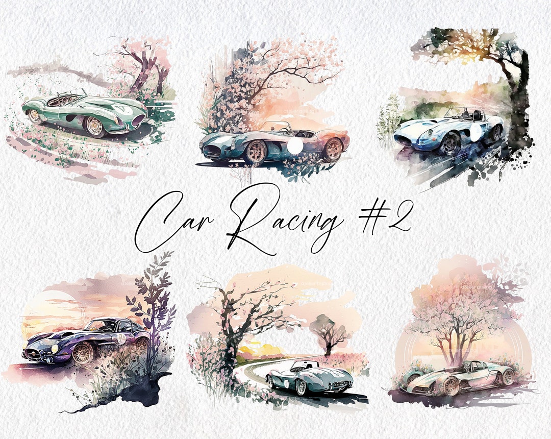 Cute Watercolor Car Racing Clipart, Volume 2, Commercial Use Clipart ...