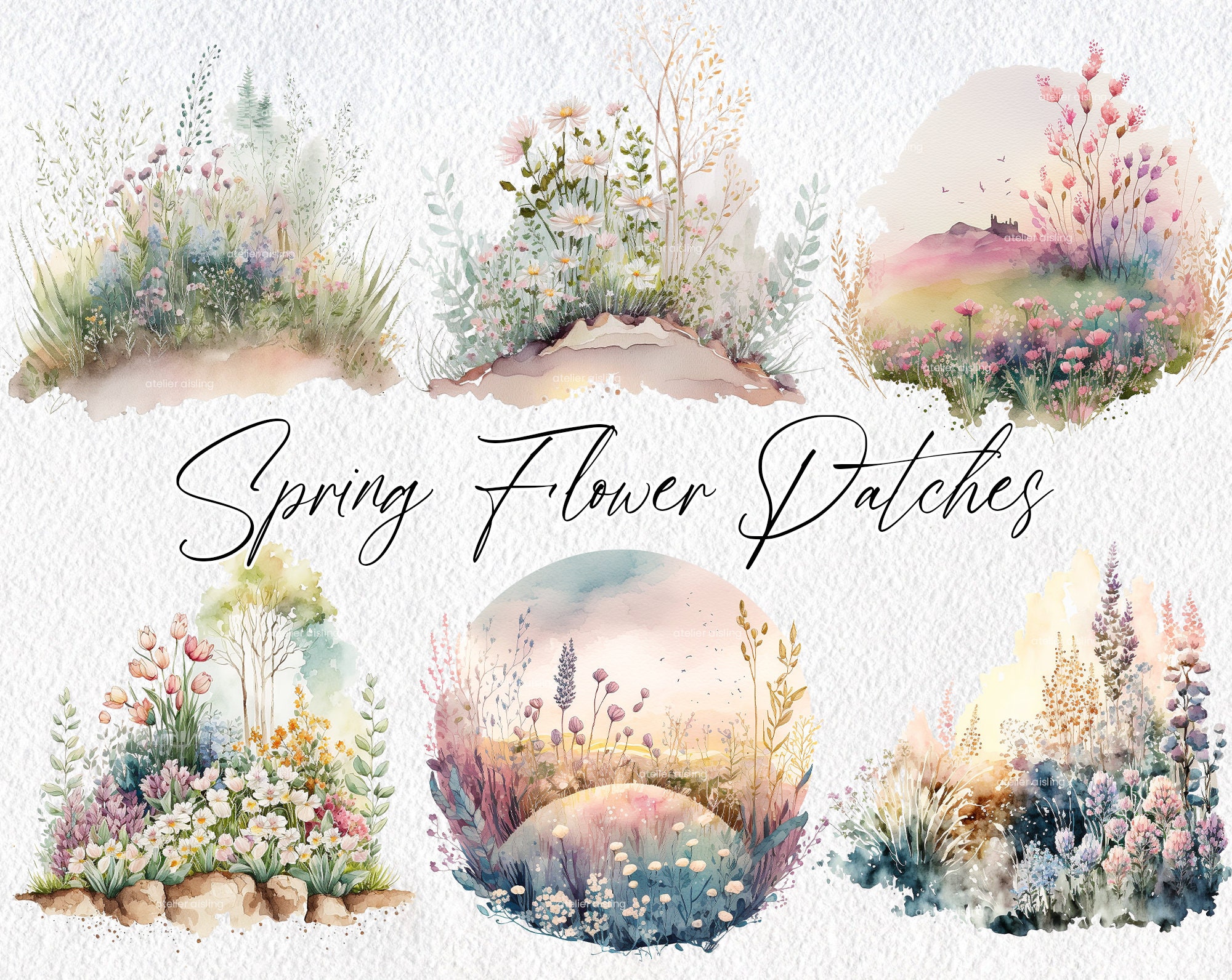 Cute Watercolor Spring Flower Patch Scenes Commercial Use - Etsy