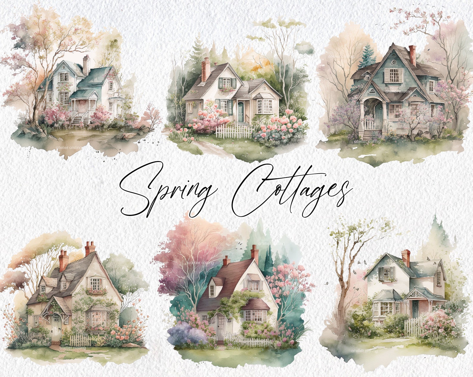 Cute Watercolor Spring Cottages, Commercial Use Clipart, Fence Clipart ...