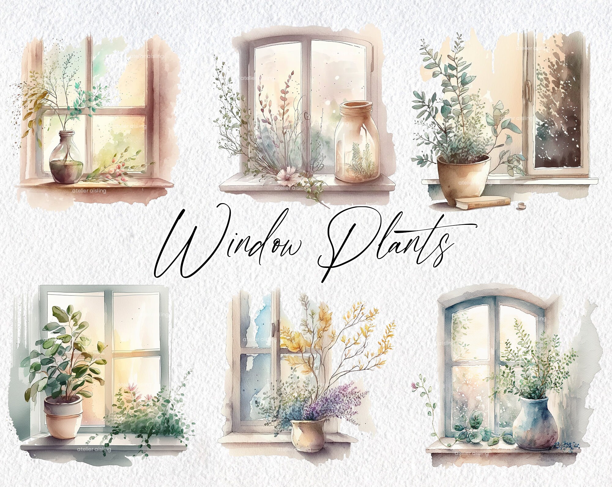 Cute Watercolor Windows With Plants Scenes, Commercial Use Clipart ...