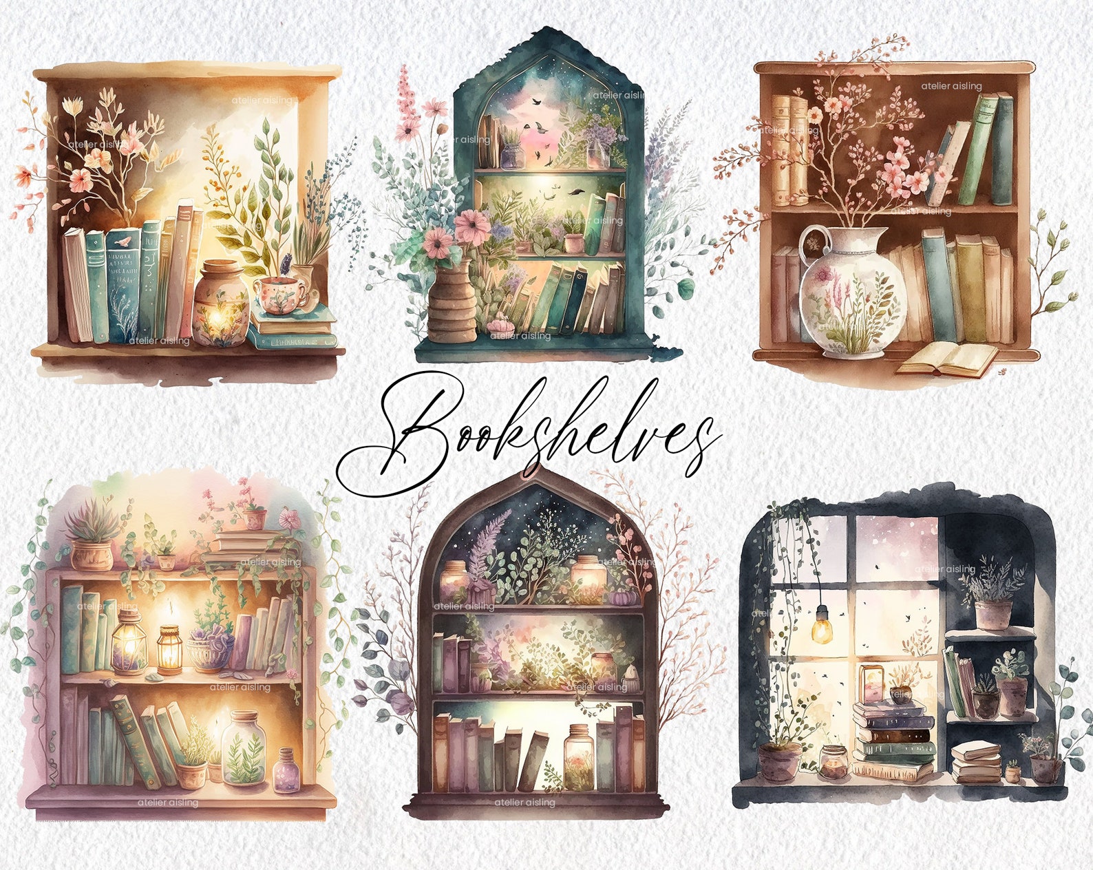 Cute Watercolor Bookshelf Scenes Commercial Use Clipart Book - Etsy