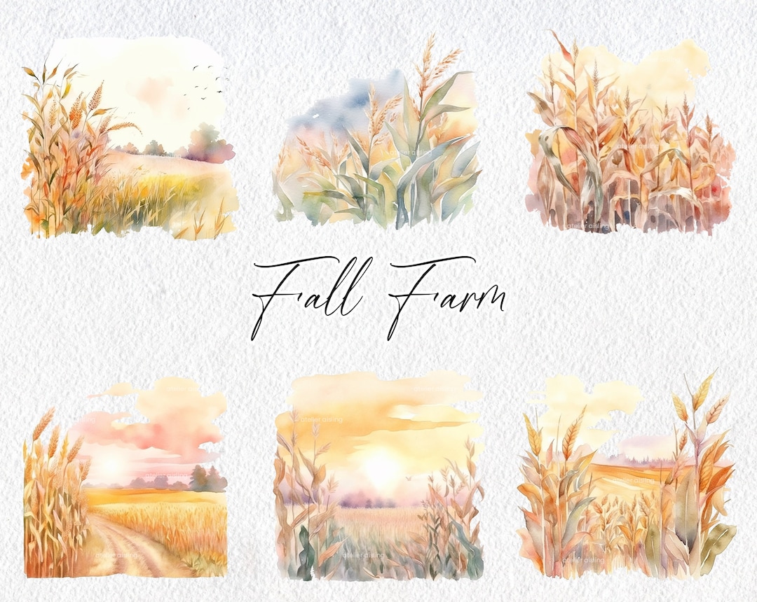Cute Watercolor Fall Farm, Commercial Use Clipart, Fall Clipart, Autumn ...