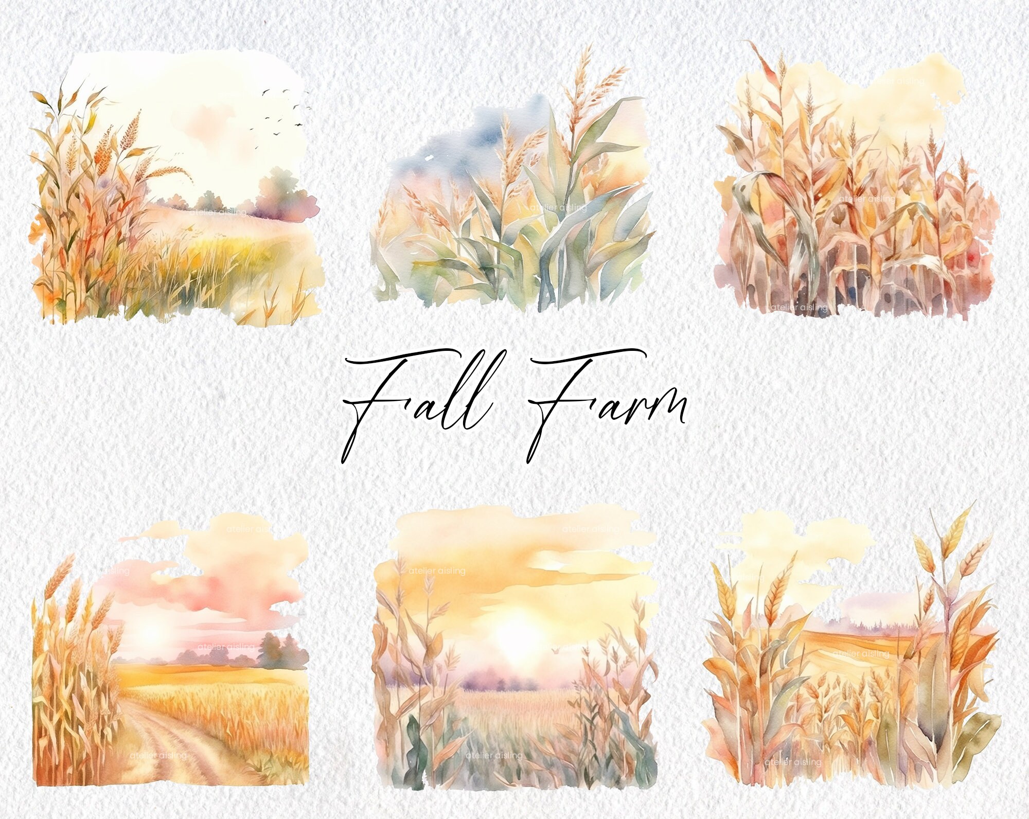Cute Watercolor Fall Farm, Commercial Use Clipart, Fall Clipart, Autumn ...