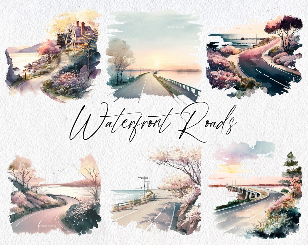 Cute Watercolor Waterfront Roads Scenes, Commercial Use Clipart, Travel ...