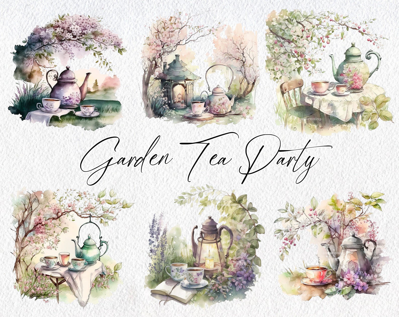 Cute Watercolor Garden Tea Party Scenes, Commercial Use Clipart, Tea ...