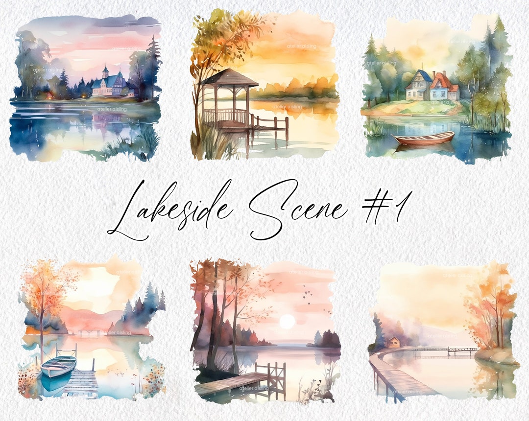 Cute Watercolor Lakeside Scenes, Volume 1, Commercial Use Clipart ...