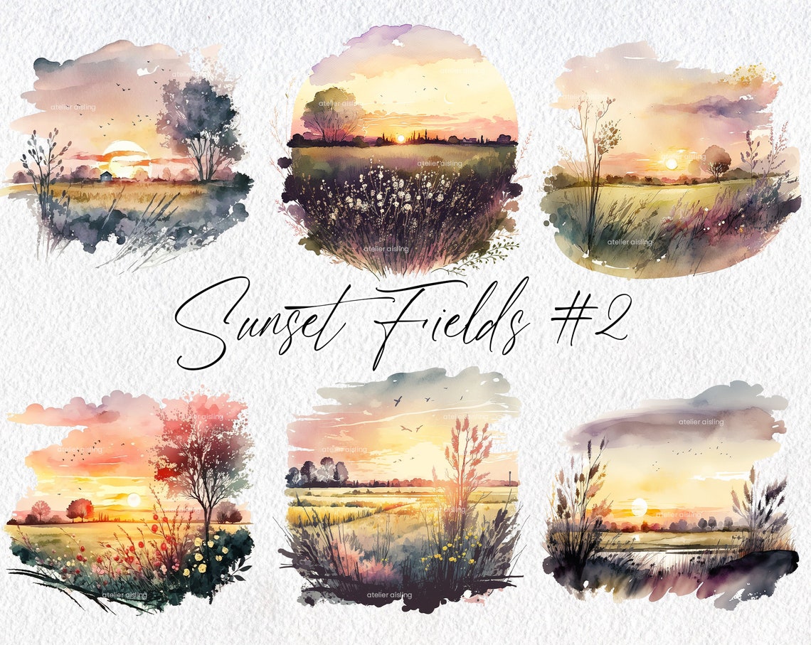 Cute Watercolor Sunset Field Scenes, Volume 2, Commercial Use Clipart ...