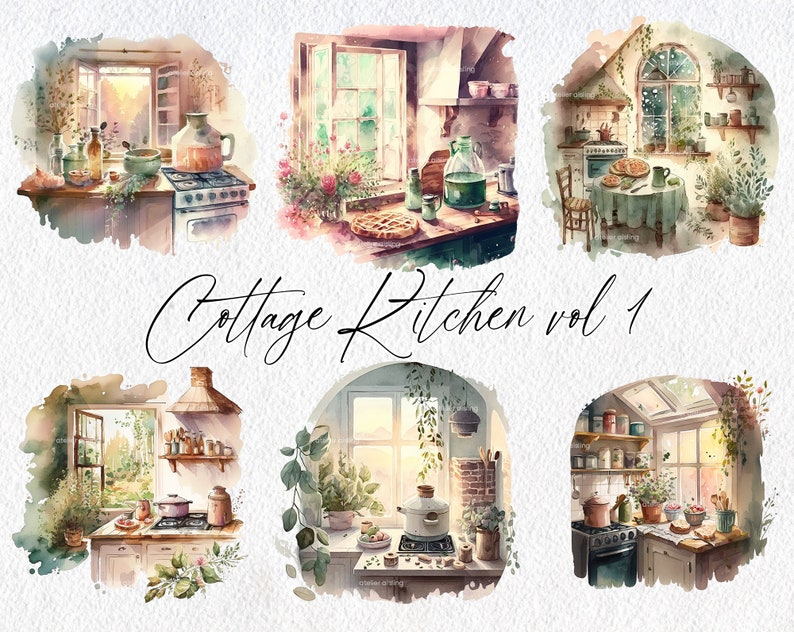 Cute Watercolor Cottage Kitchen Scenes Volume 1 Commercial - Etsy