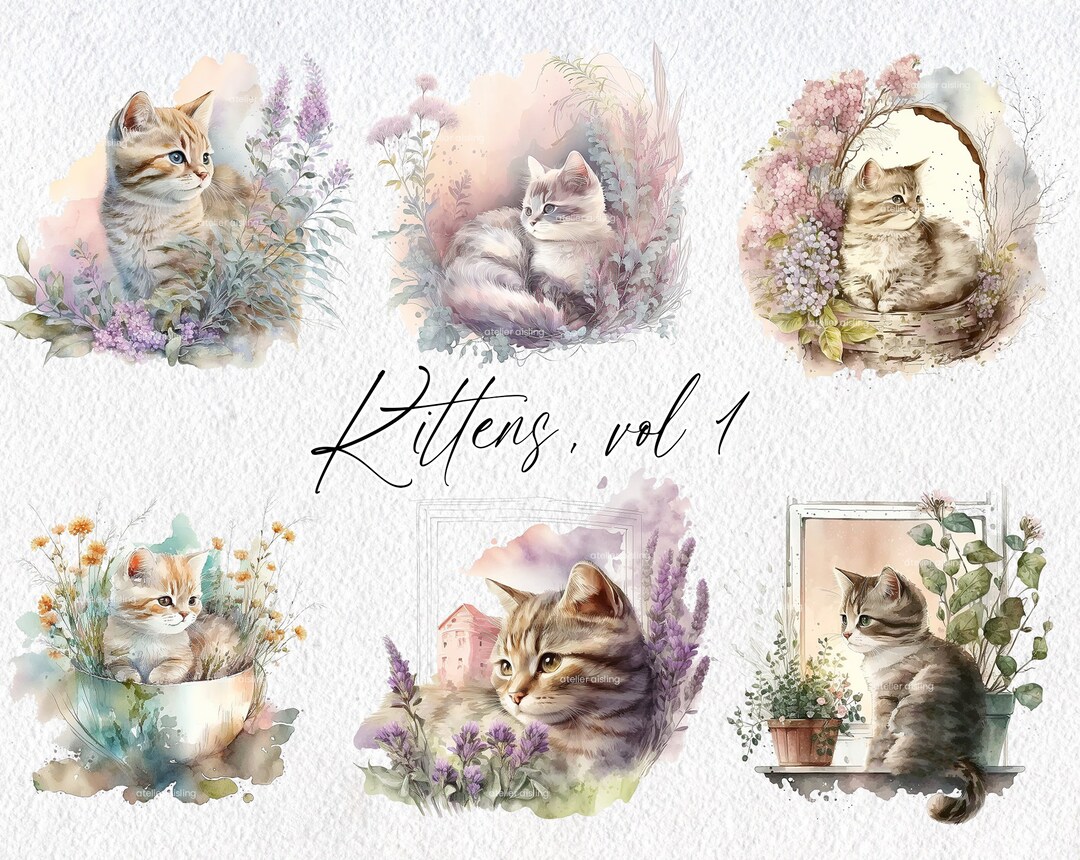 Cute Watercolor Kitten Portraits, Volume 1, Commercial Use Clipart ...