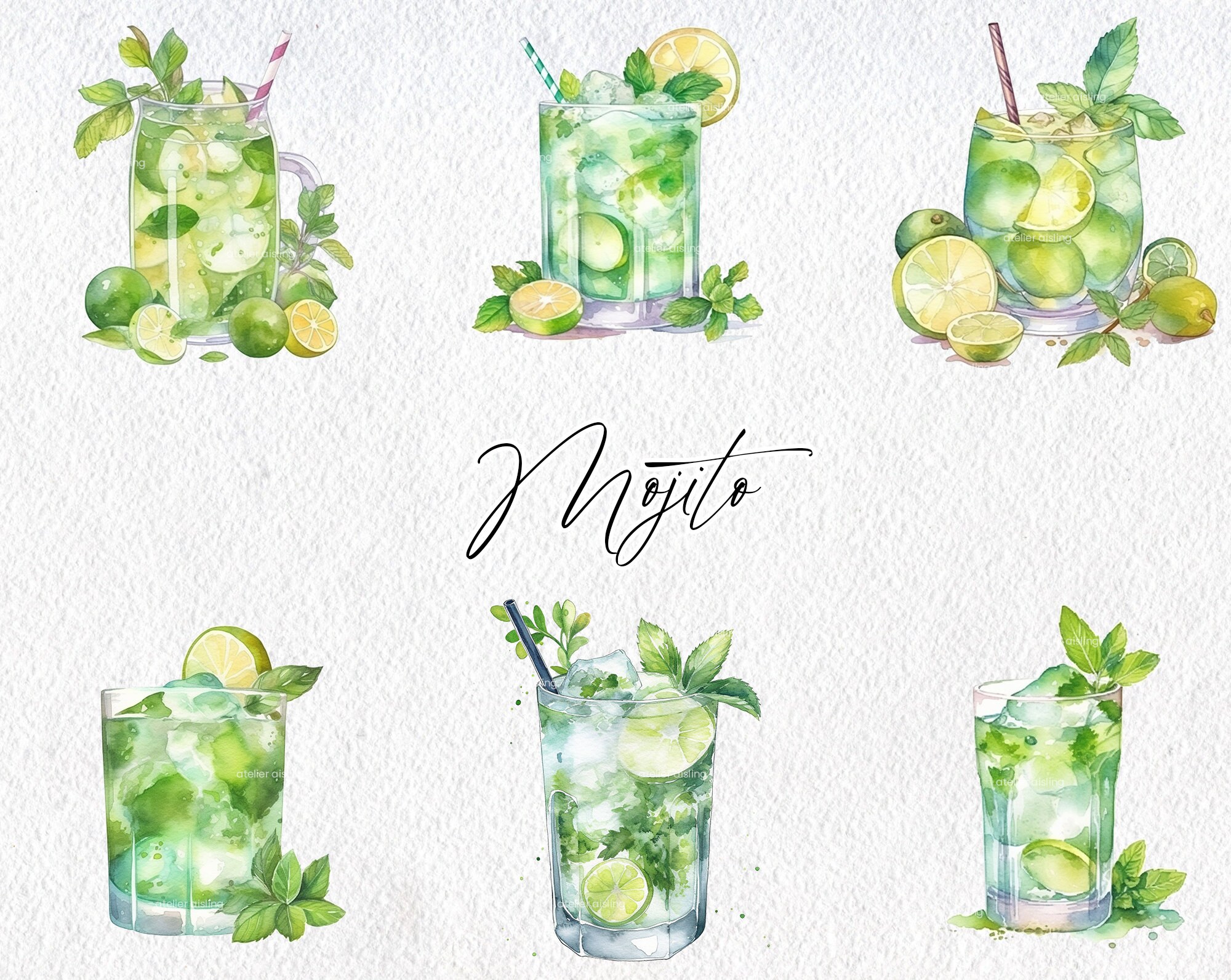 Cute Watercolor Mojito Scenes, Commercial Use Clipart, Drink Clipart ...