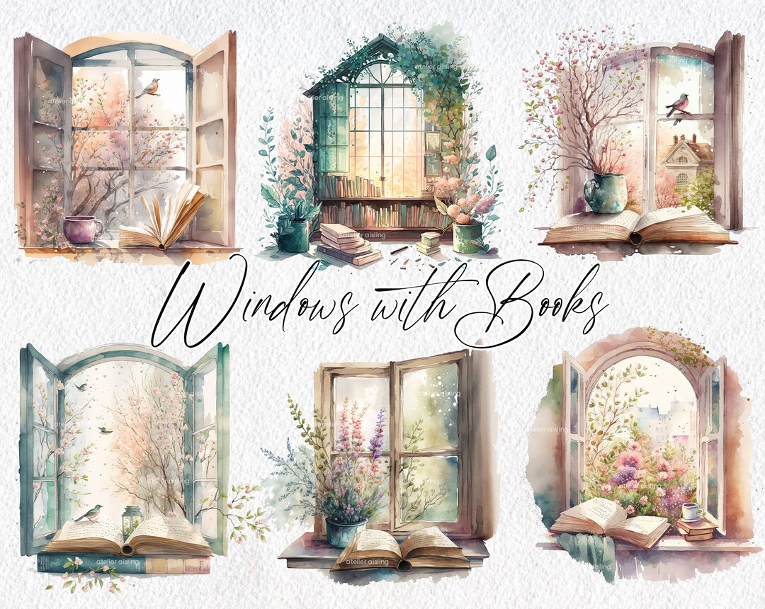 Cute Watercolor Windows With Books Scenes Commercial Use - Etsy