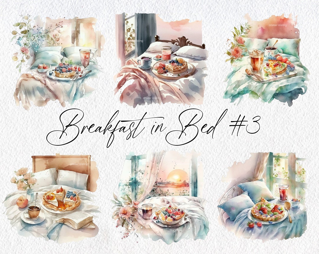 Cute Watercolor Breakfast in Bed Scenes, Volume 3, Commercial Use ...