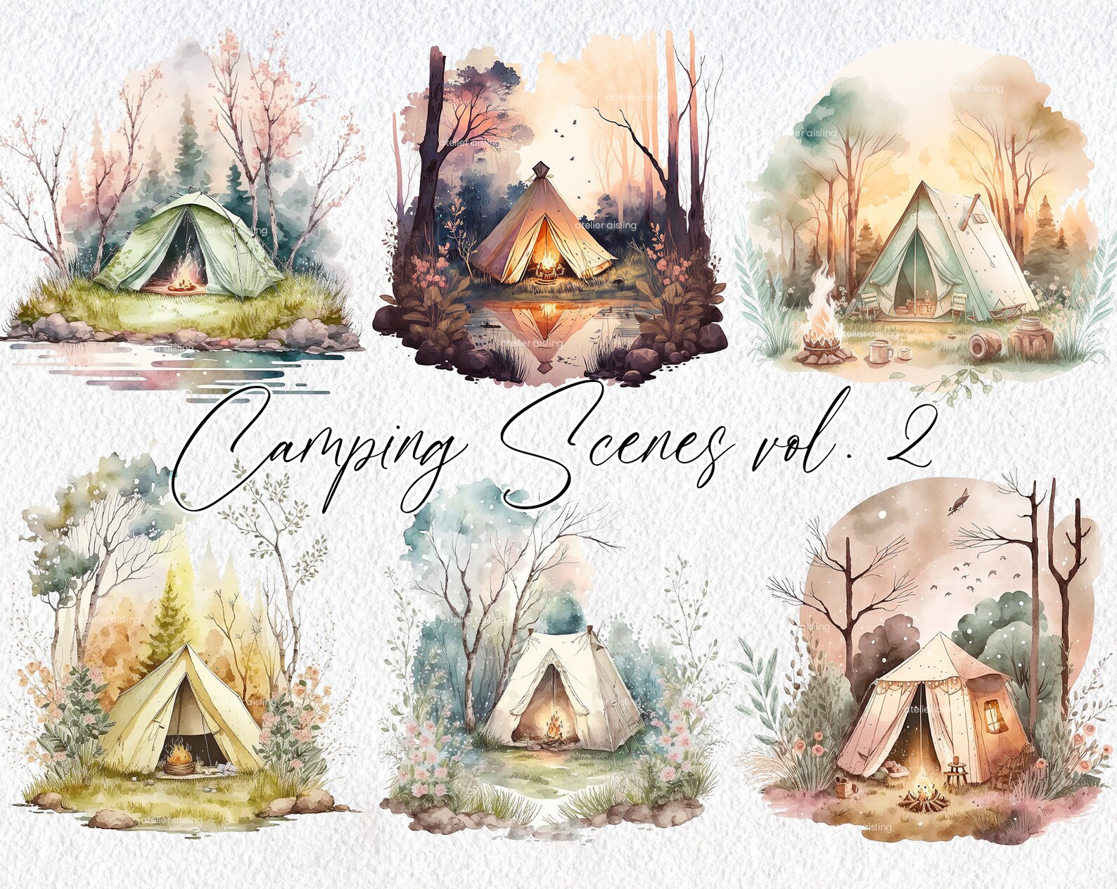 Cute Watercolor Camping Scenes Volume 2 Commercial Use - Etsy