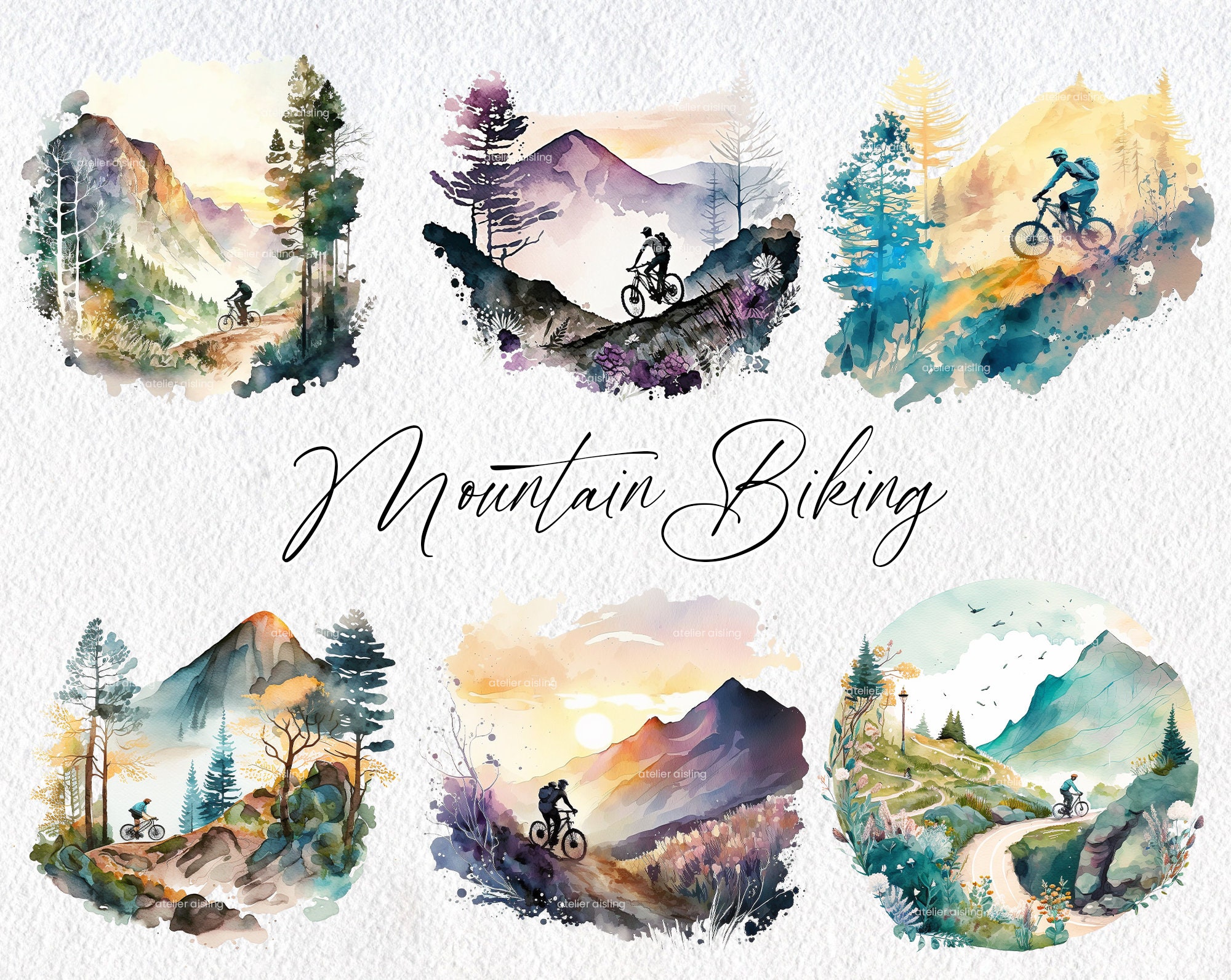 Cute Watercolor Mountain Biking Scenes, Commercial Use Clipart ...