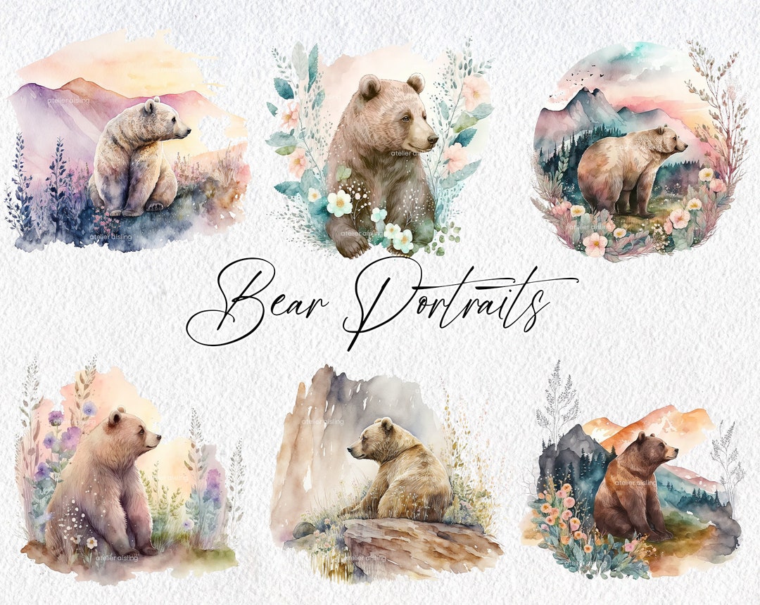 Cute Watercolor Spring Bear Portraits, Commercial Use Clipart, Scene ...