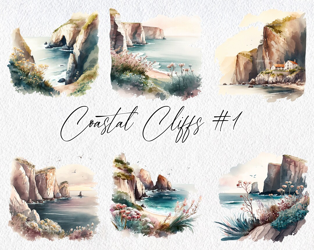 Cute Watercolor Coastal Cliff Scenes Volume 1 Commercial Use - Etsy