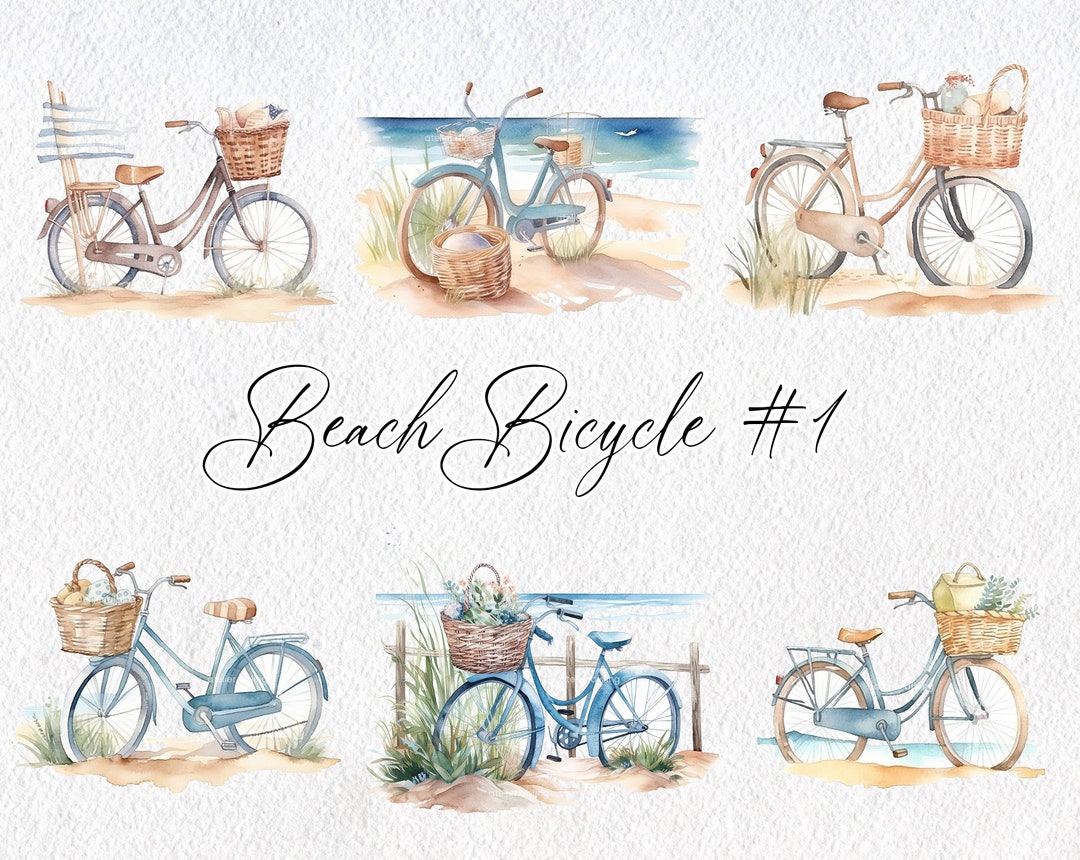 Cute Watercolor Beach Bicycle Scenes, Volume 1, Commercial Use Clipart ...