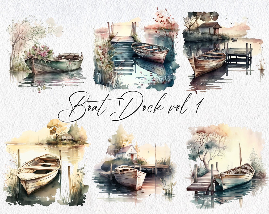 Cute Watercolor Boat Dock Scenes Volume 1 Commercial Use - Etsy
