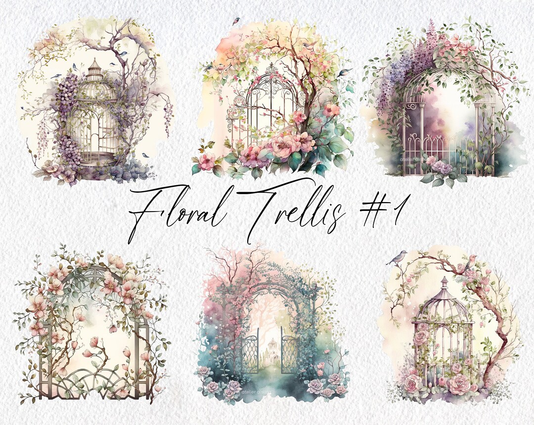 Cute Watercolor Floral Trellises Scenes, Volume 1, Commercial Use ...