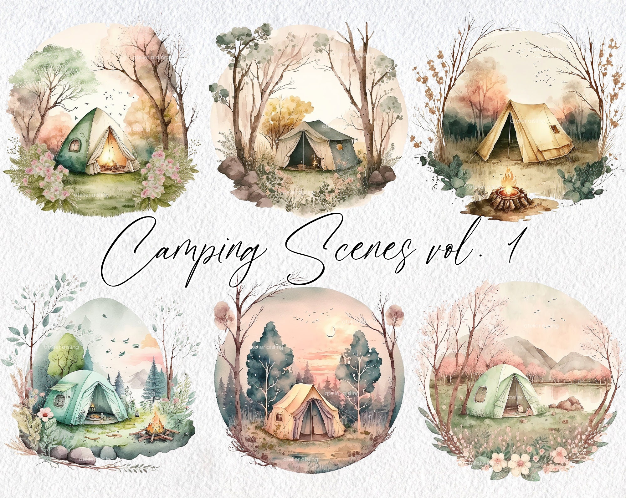 Cute Watercolor Camping Scenes, Volume 1, Commercial Use Clipart, Park ...