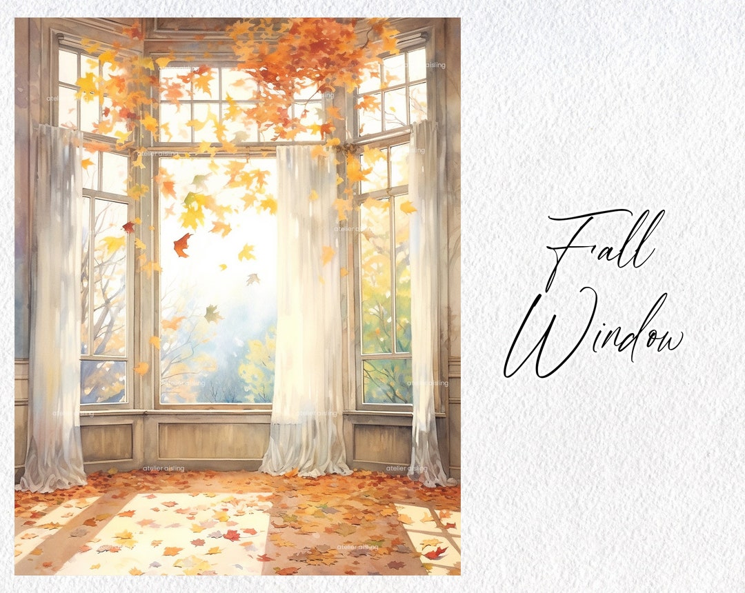 Cute Watercolor Fall Window Scene, Commercial Use Clipart, Scrapbook ...