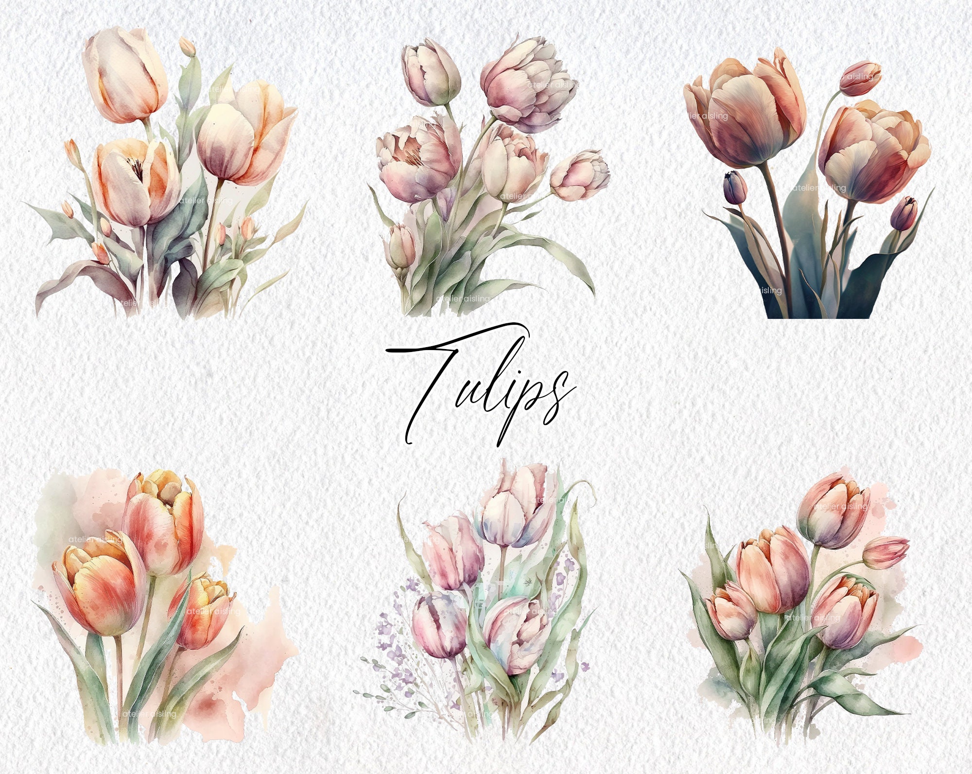 Cute Watercolor Tulips Scenes, Commercial Use Clipart, Flower Clipart ...