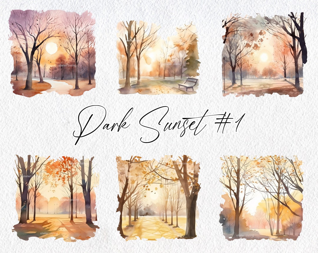 Cute Watercolor Fall Park Sunset Scene Volume 1 Commercial - Etsy
