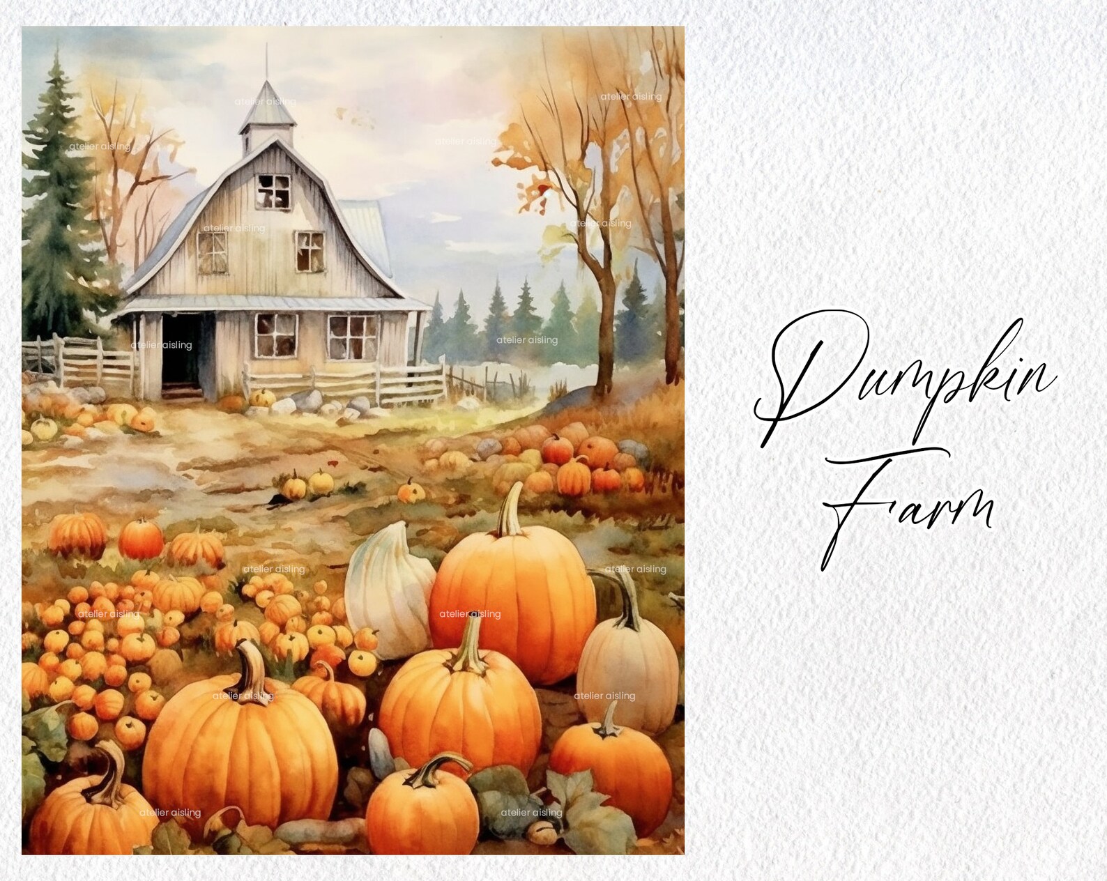 Cute Watercolor Pumpkin Farm Scene, Commercial Use Clipart, Scrapbook ...