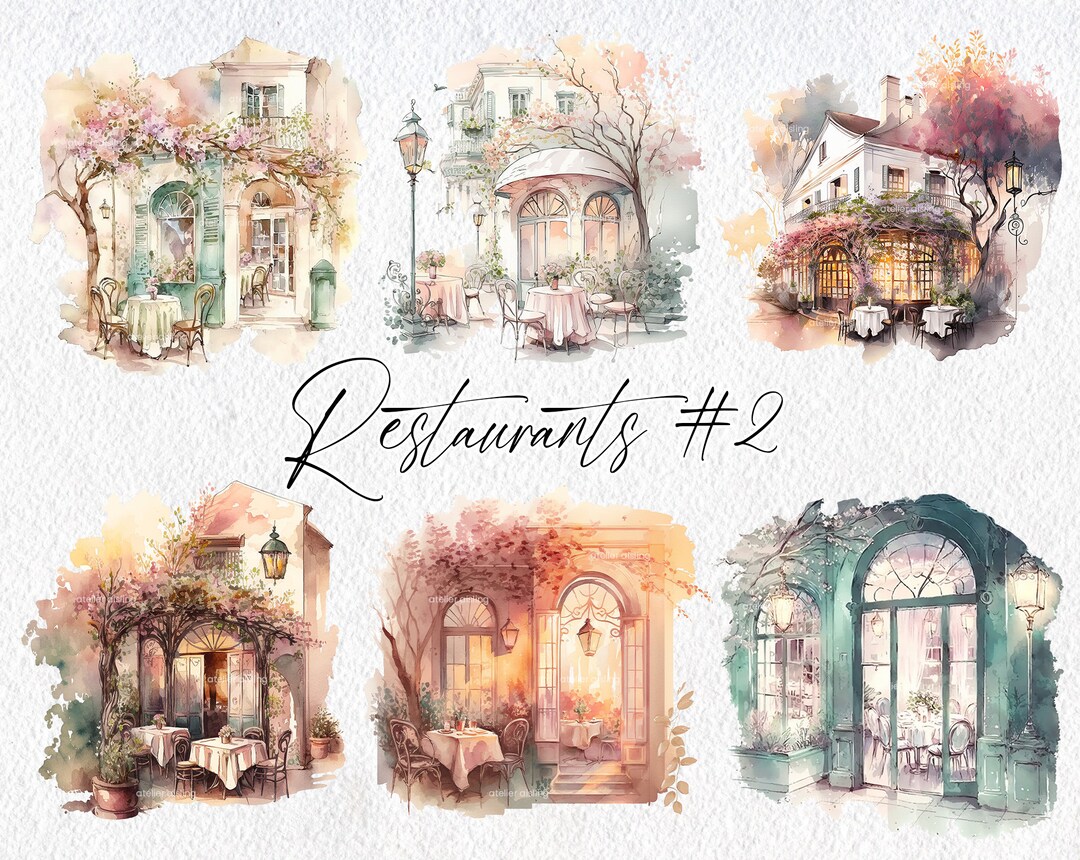 Cute Watercolor Restaurant Scenes, Volume 2, Commercial Use Clipart ...
