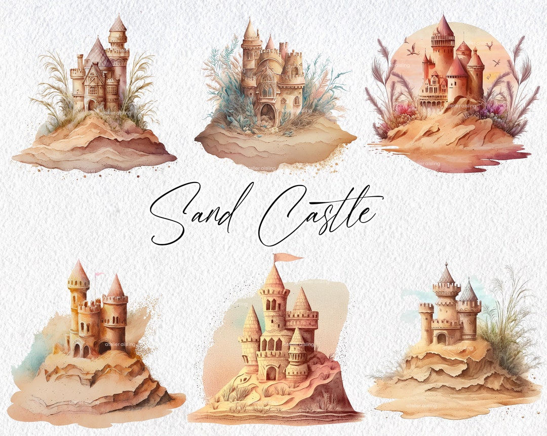 Cute Watercolor Sand Castle Scenes, Commercial Use Clipart, Beach ...