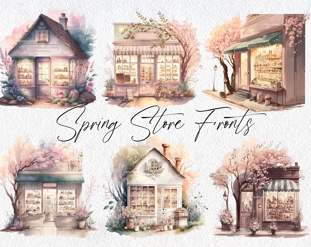 Cute Watercolor Spring Store Front Scenes, Commercial Use Clipart, Park ...