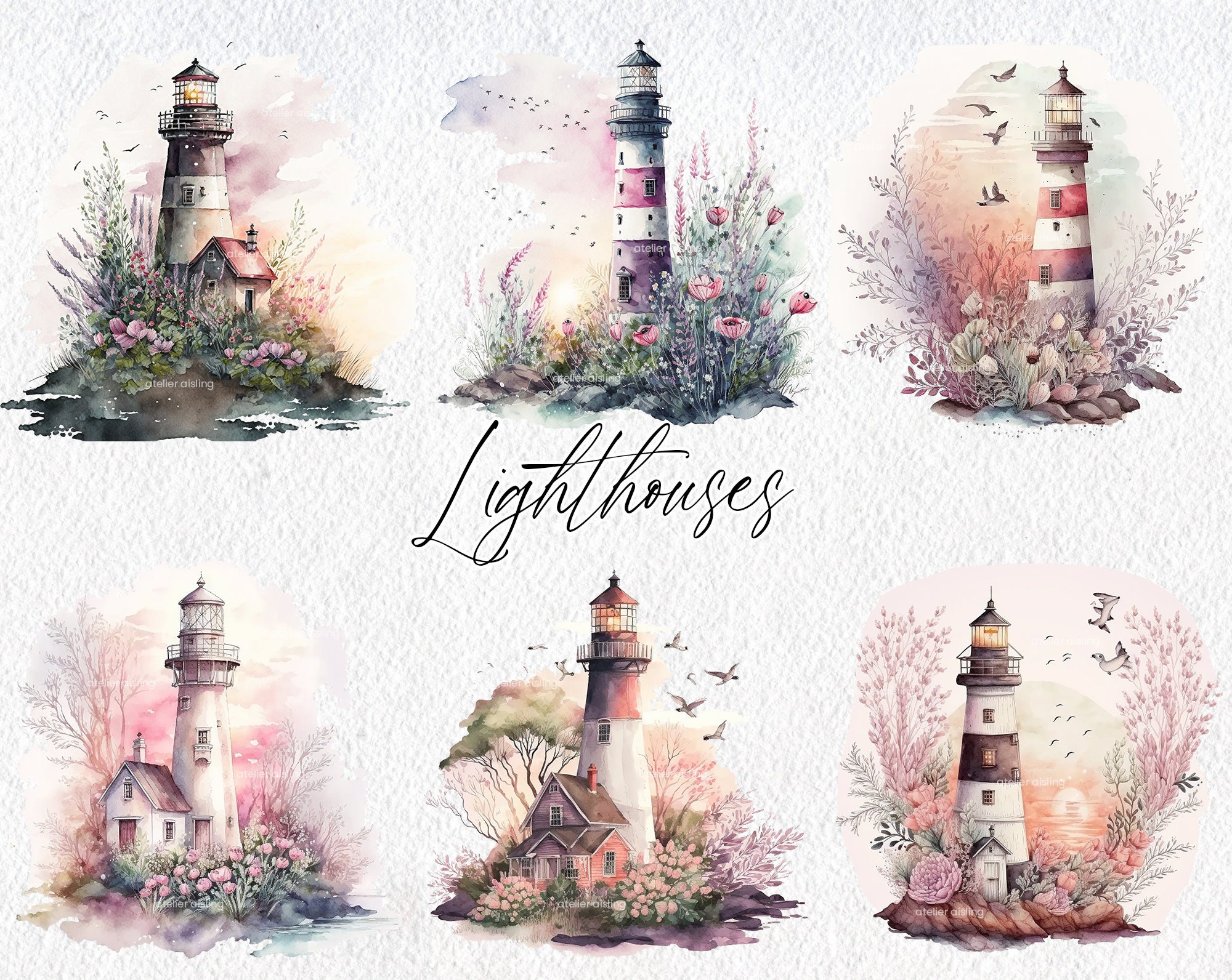 Cute Watercolor Lighthouse Scenes, Commercial Use Clipart, Spring ...