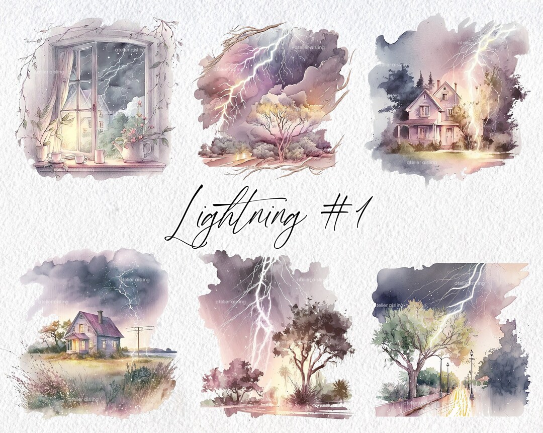 Cute Watercolor Lightning Strike Scenes, Volume 1, Commercial Use ...