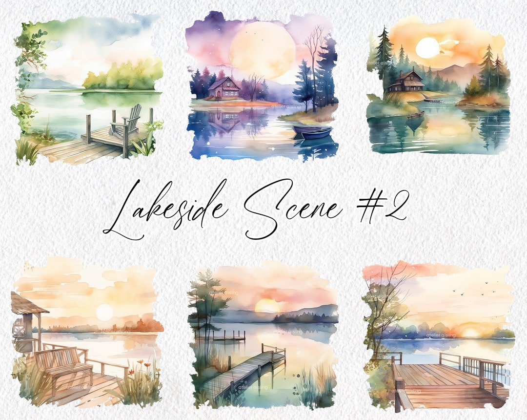 Cute Watercolor Lakeside Scenes, Volume 2, Commercial Use Clipart ...