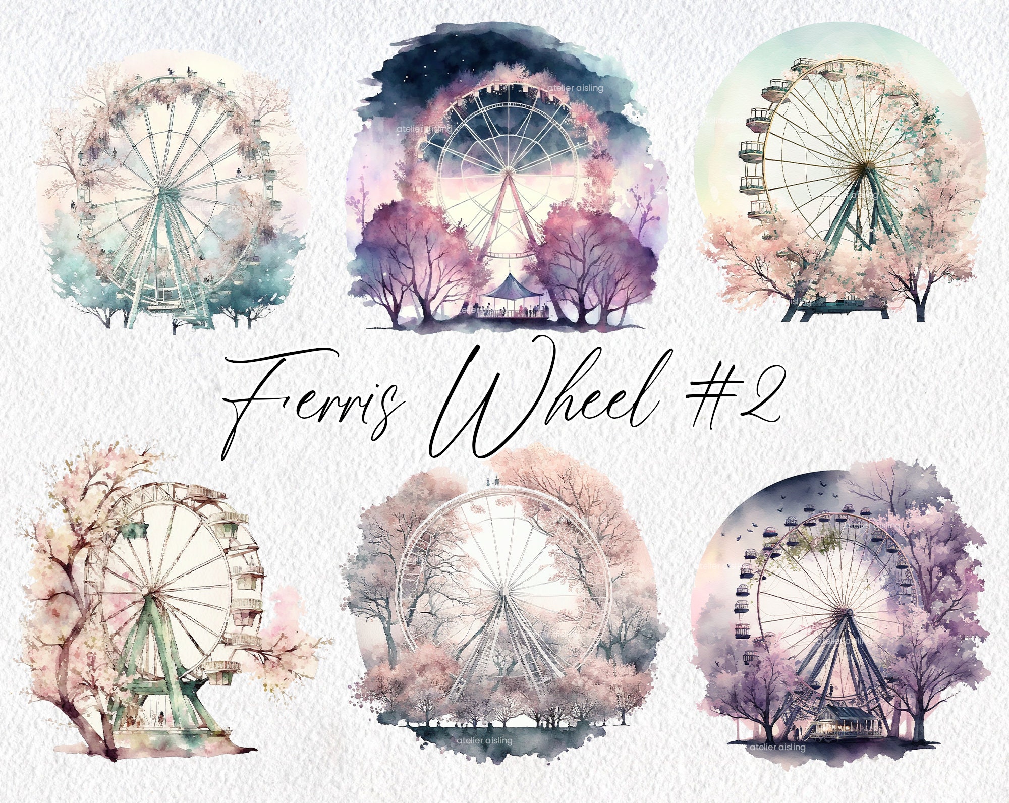 Cute Watercolor Ferris Wheel Clipart, Volume 2, Commercial Use Clipart ...