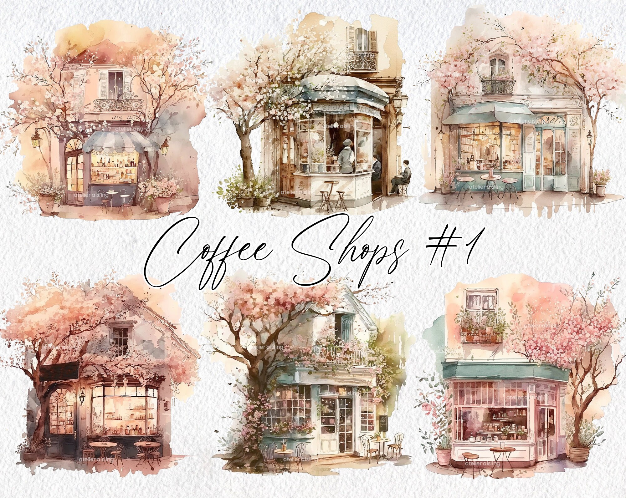 Cute Watercolor Coffee Shop Scenes, Volume 1, Commercial Use Clipart ...