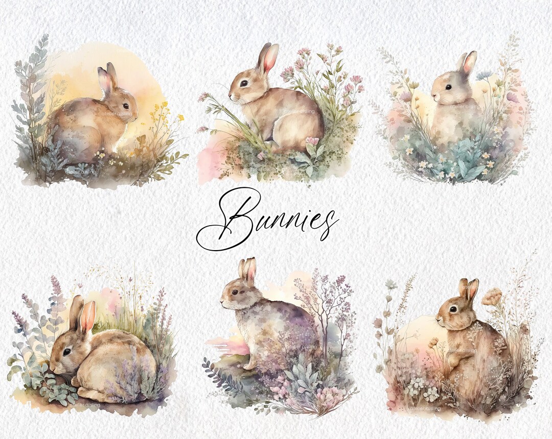 Cute Watercolor Bunnies Scenes, Commercial Use Clipart, Bunny Clipart ...