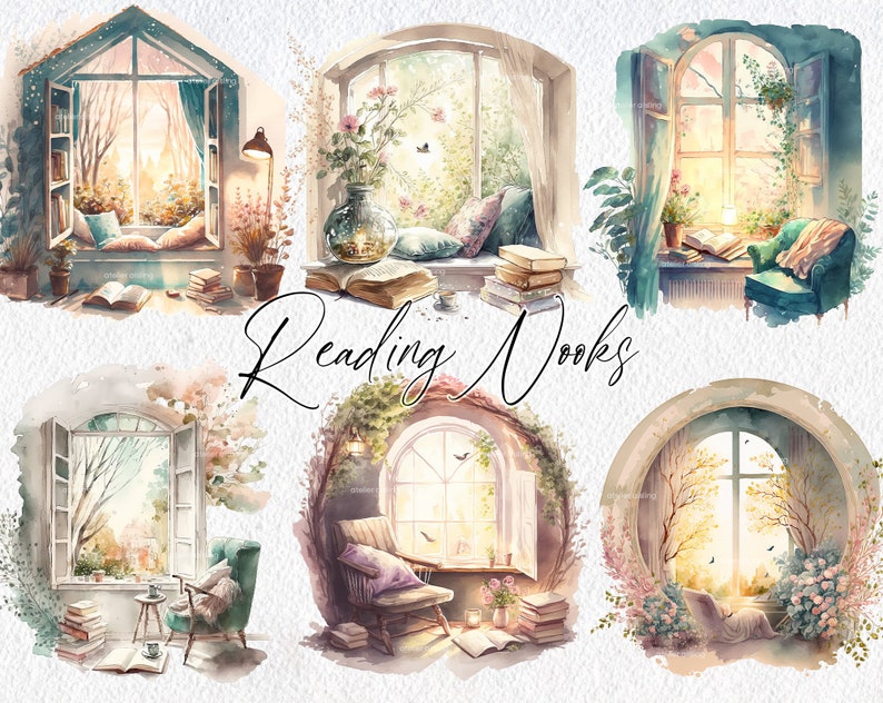 Cute Watercolor Spring Reading Nook Scenes Commercial Use - Etsy