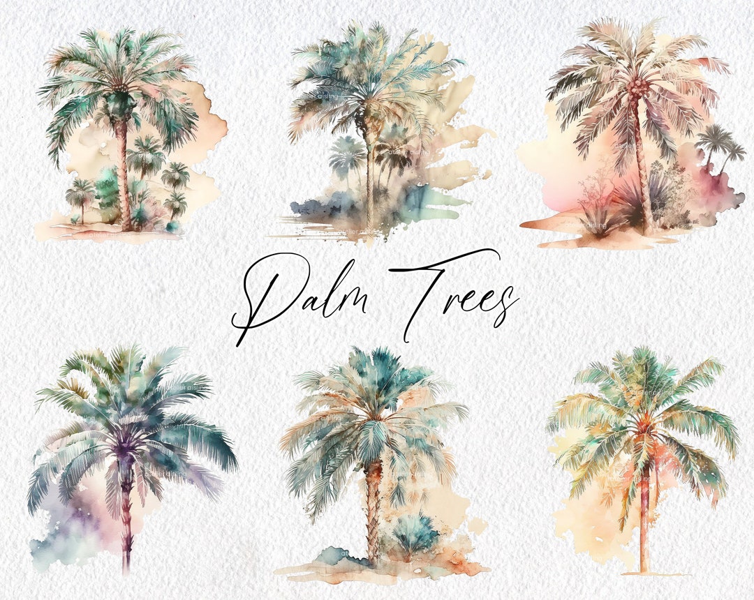 Cute Watercolor Palm Tree Scenes, Commercial Use Clipart, Beach Clipart ...