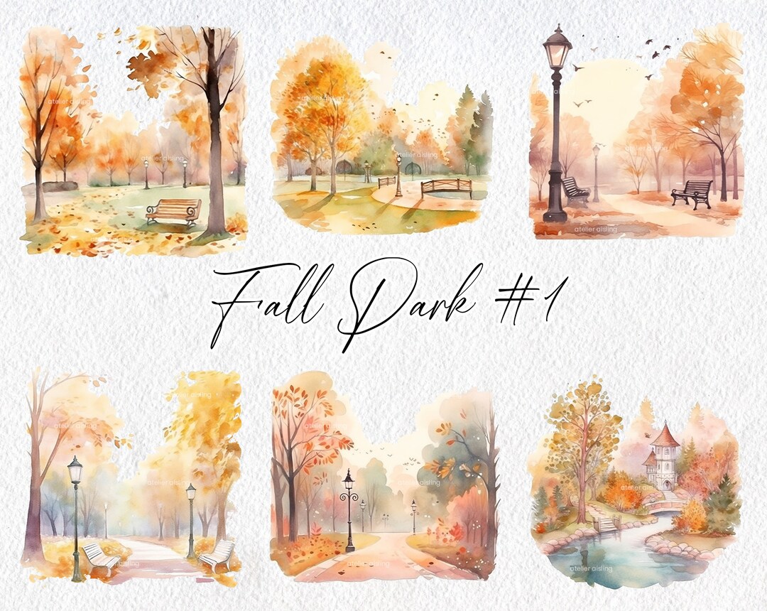 Cute Watercolor Fall Park, Volume 1, Commercial Use Clipart, Fall ...