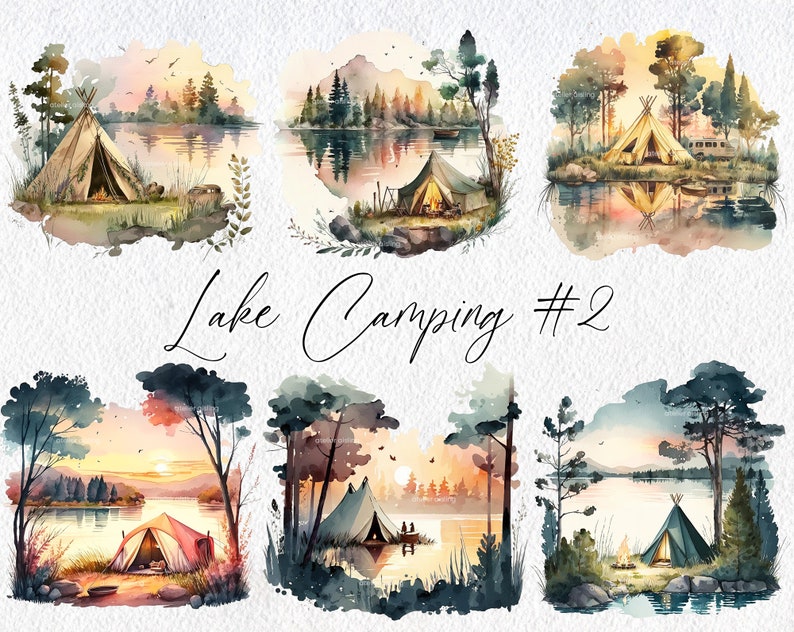 Cute Watercolor Lake Camping Scenes Volume 2 Commercial Use - Etsy