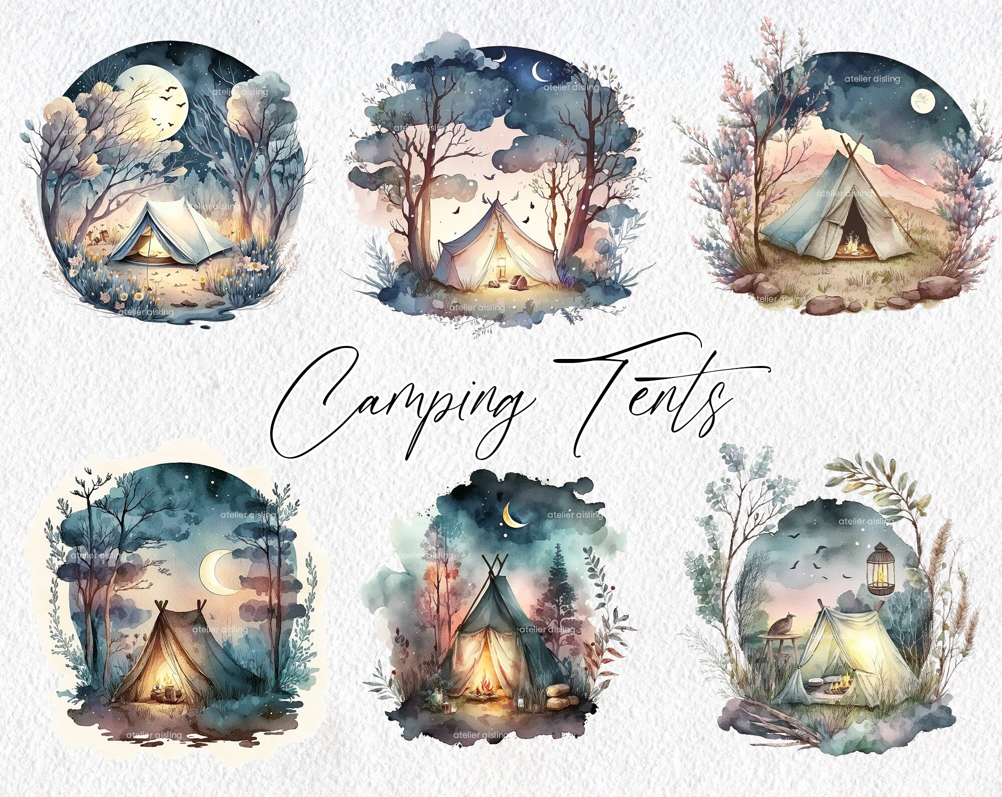 Cute Watercolor Camping Tent Scenes, Commercial Use Clipart, Camp ...