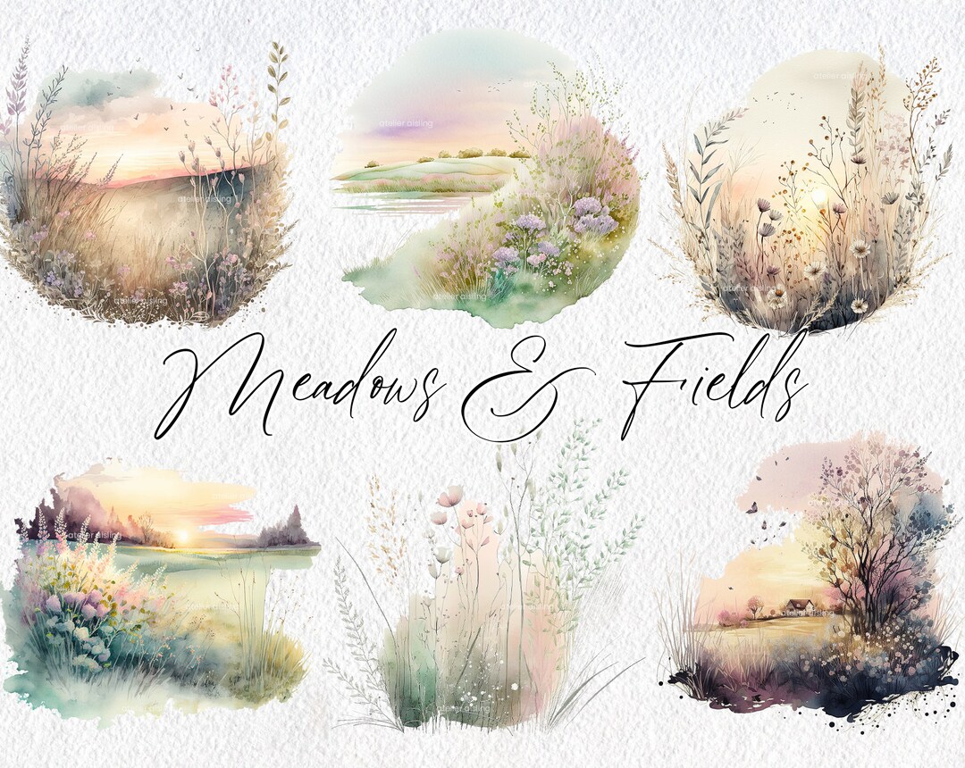Cute Watercolor Meadows and Fields Scenes, Commercial Use Clipart ...