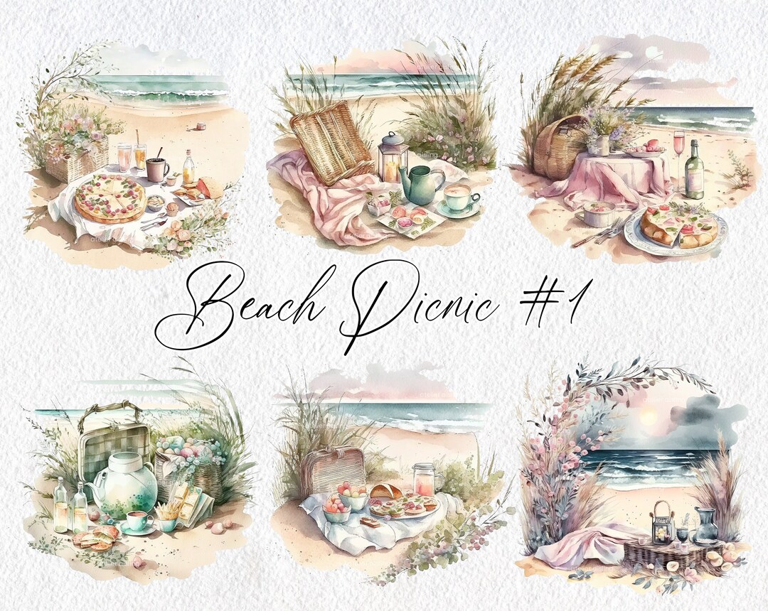 Cute Watercolor Beach Picnic Scenes, Volume 1, Commercial Use Clipart ...