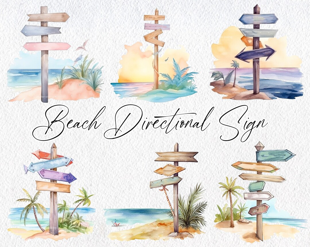 Cute Watercolor Beach Directional Sign Scenes, Commercial Use Clipart ...