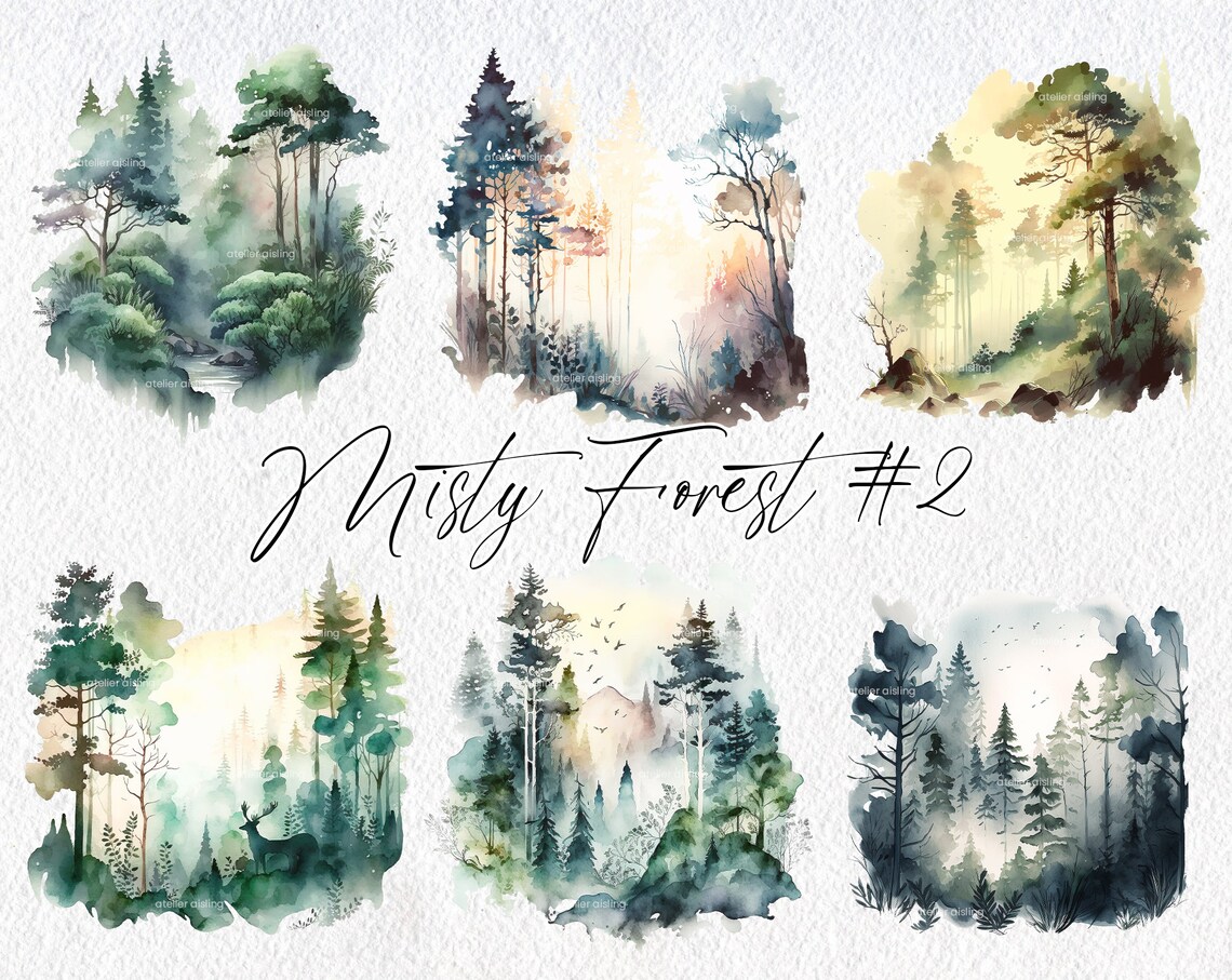 Cute Watercolor Misty Forest Scenes, Volume 2, Commercial Use Clipart ...
