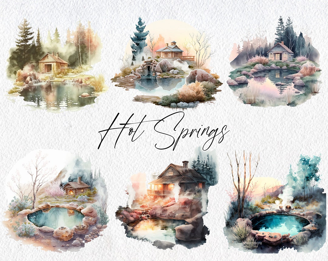 Cute Watercolor Hot Springs Scenes, Commercial Use Clipart, National ...