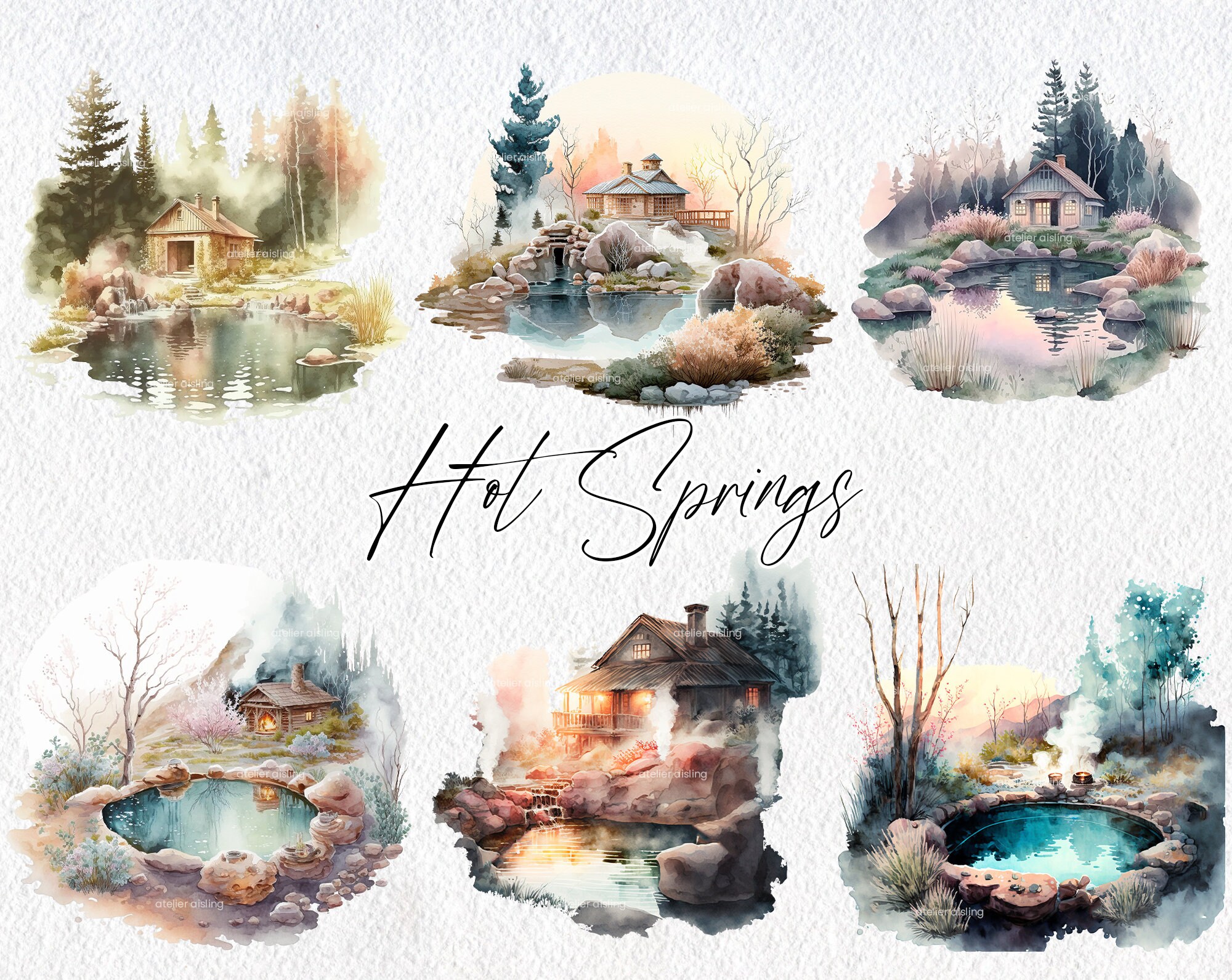Cute Watercolor Hot Springs Scenes, Commercial Use Clipart, National ...