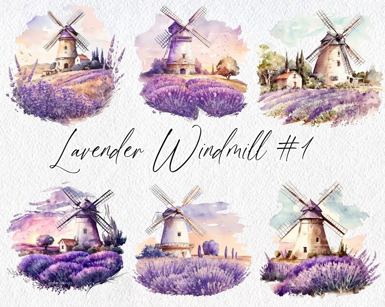 Cute Watercolor Lavender Windmill Scenes, Volume 1, Commercial Use ...