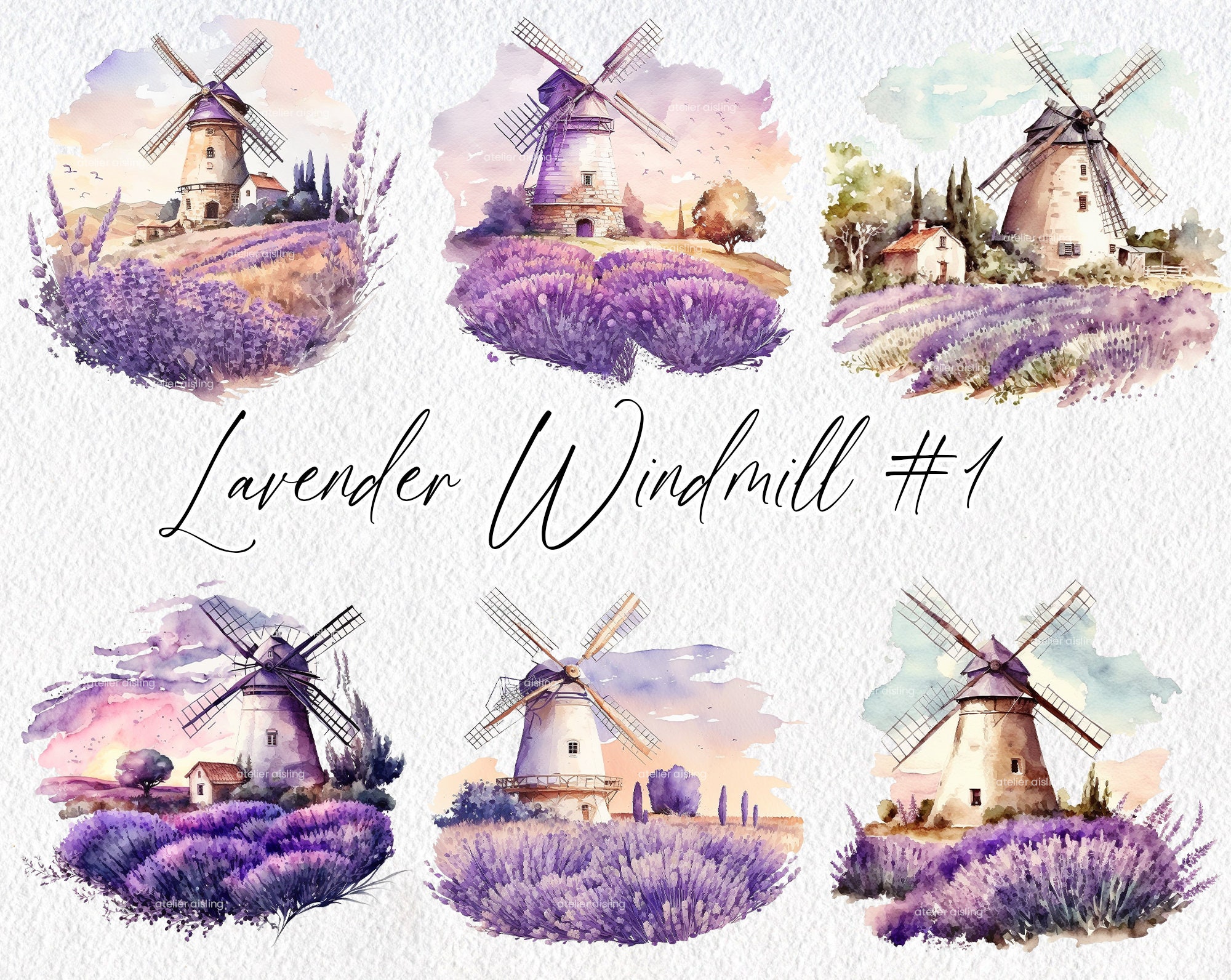 Cute Watercolor Lavender Windmill Scenes, Volume 1, Commercial Use ...